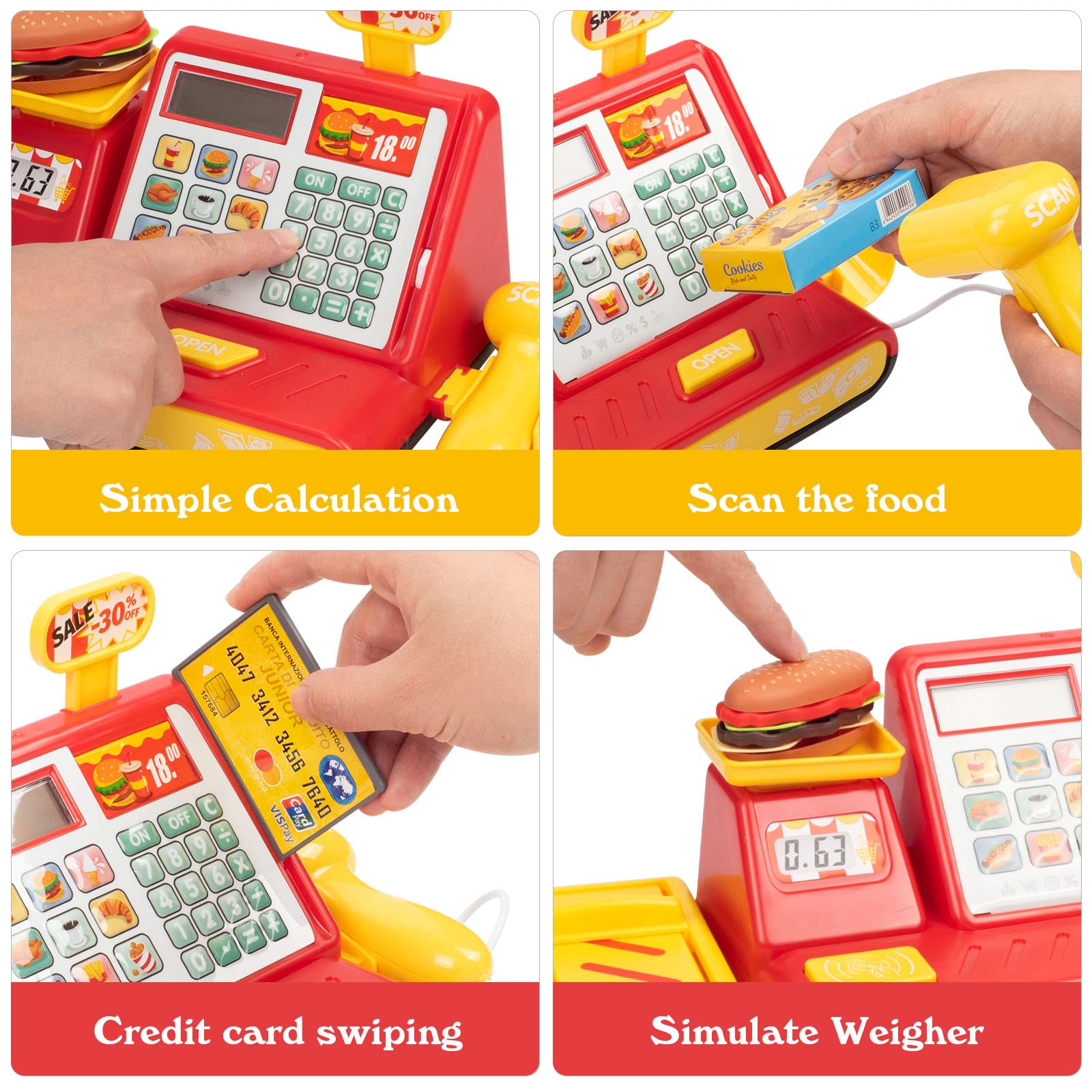 Pretend Play Calculator Cash Register Toy, Supermarket Shop Toys Cashier Registers with Scanner, Microphone, Play Food, Credit Card, Money - Pre-School Gift for Kids, Toddlers, Boys & Girls, Ages 3+