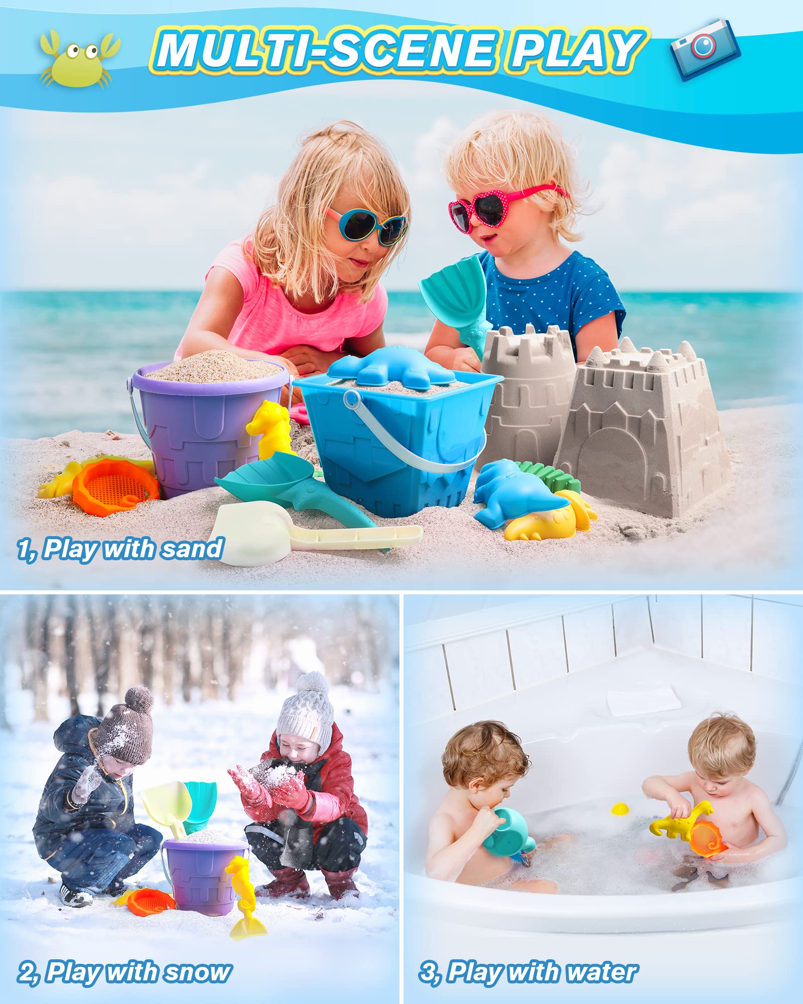 DISHIO Beach Sand Toys for Kids Sand Box Beach Toys with Mesh Bag,Sand Castle Bucket and Shovel,Sand Molds,Waterig Can, Sieve, Dinosaur Beach Toys Kit for Kids&Toddlers Outdoor Travel 18pcs