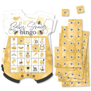 big dot of happiness little bumblebee - picture bingo cards and markers - baby shower shaped bingo game - set of 18