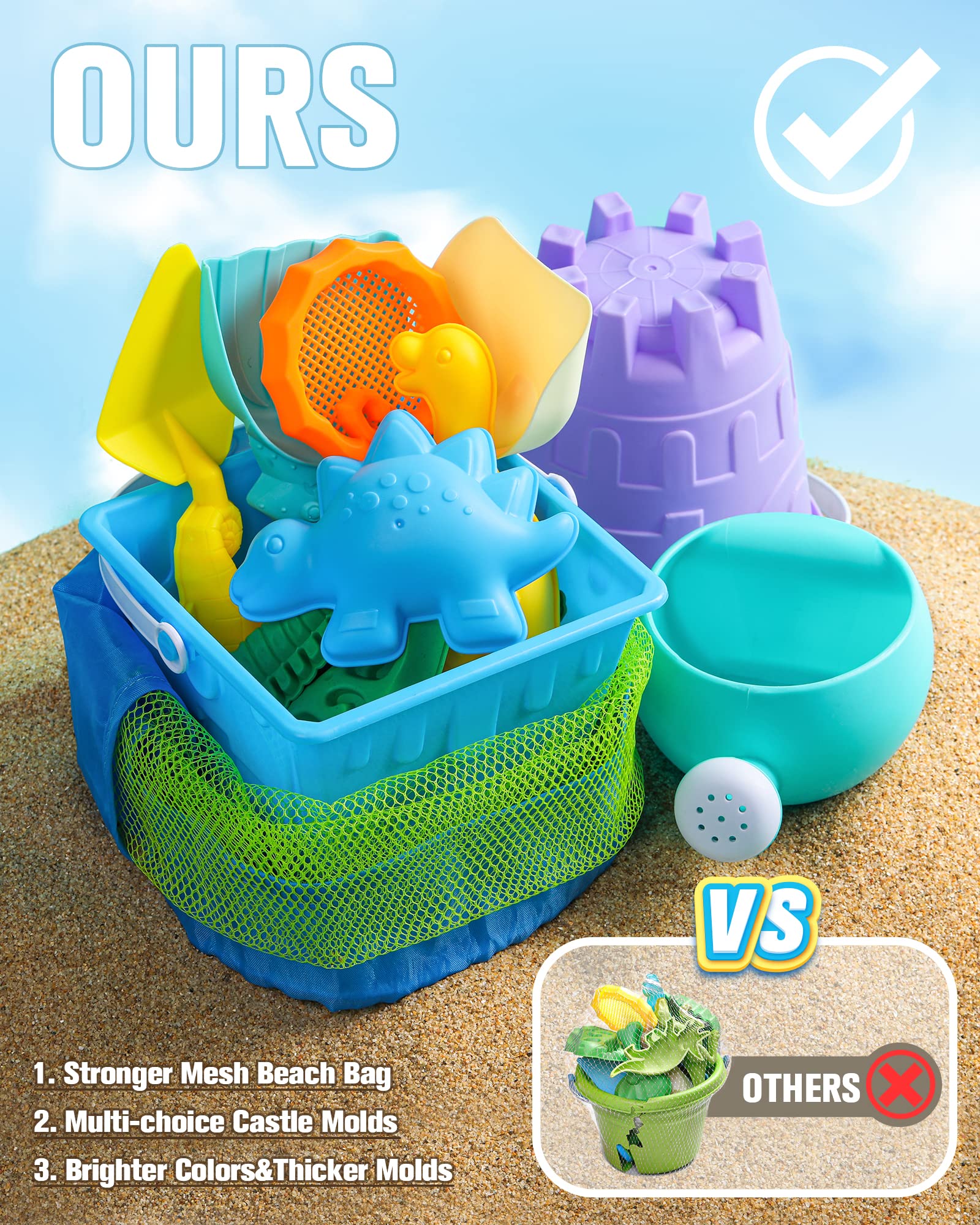 DISHIO Beach Sand Toys for Kids Sand Box Beach Toys with Mesh Bag,Sand Castle Bucket and Shovel,Sand Molds,Waterig Can, Sieve, Dinosaur Beach Toys Kit for Kids&Toddlers Outdoor Travel 18pcs