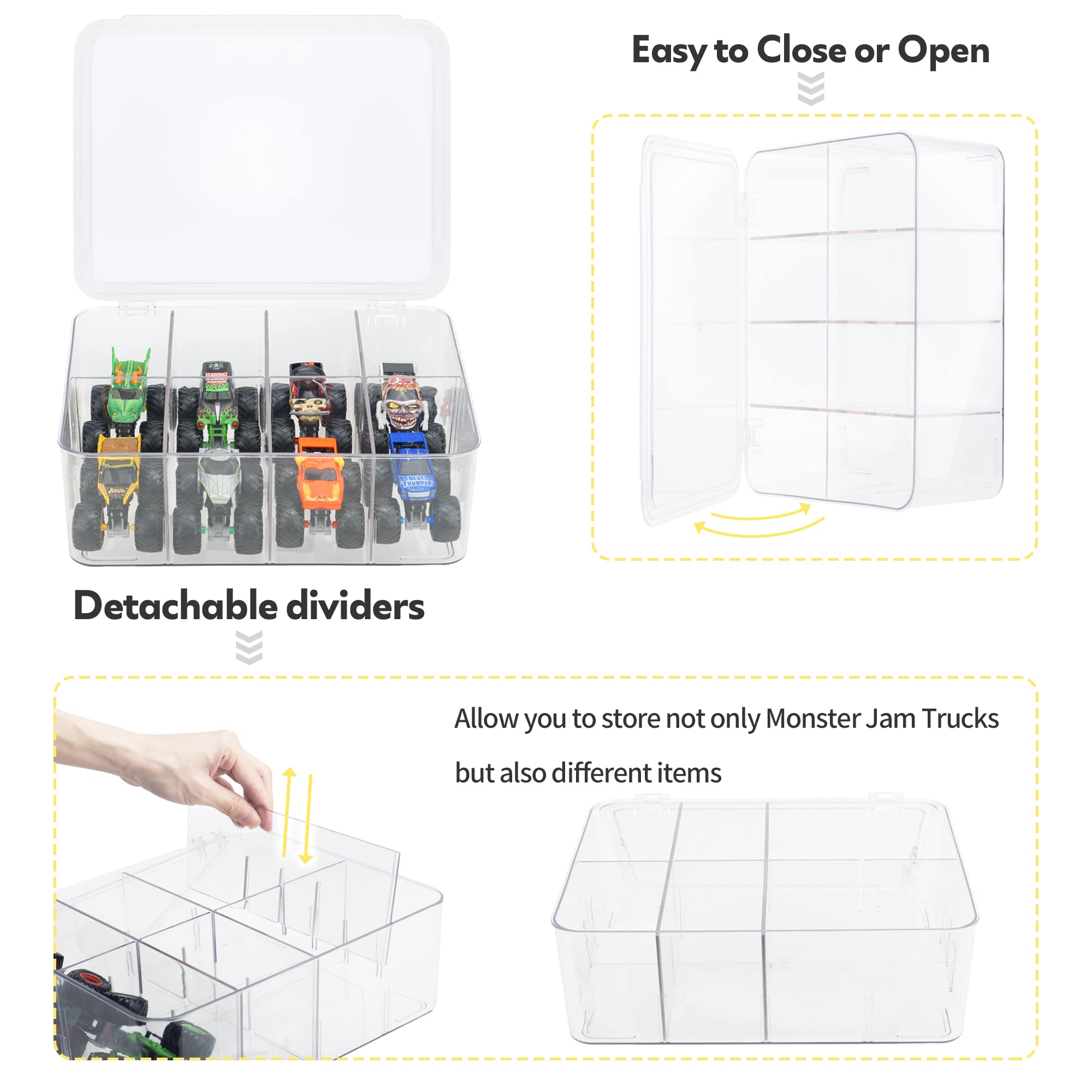 8 Slots Acrylic Toy Cars Display Case Fit for Monster Jam Trucks, Transparent Display Storage Case Holds 8 Monster Jam Truncks, Large Slots Toy Trucks Storage with Detachable Dividers