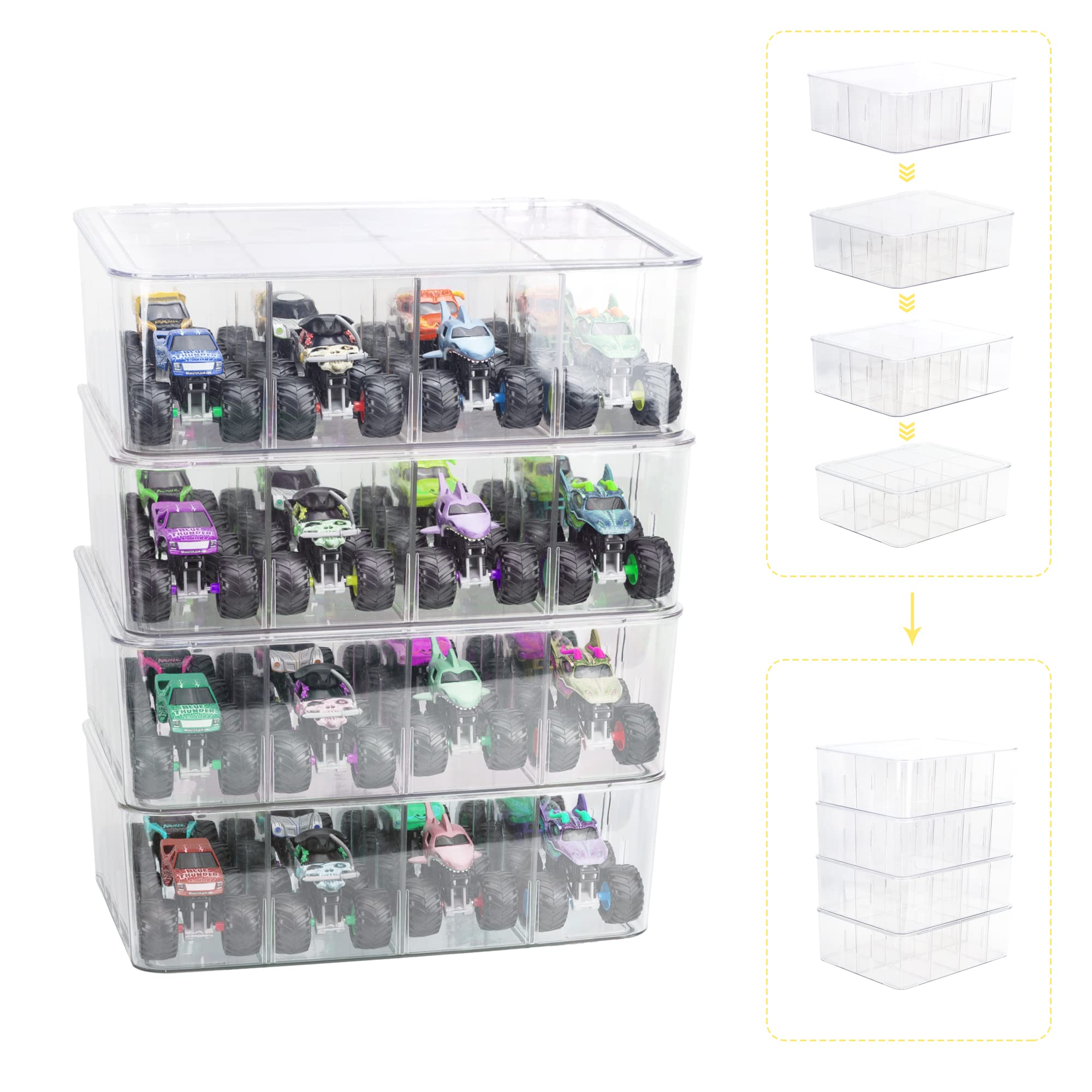 8 Slots Acrylic Toy Cars Display Case Fit for Monster Jam Trucks, Transparent Display Storage Case Holds 8 Monster Jam Truncks, Large Slots Toy Trucks Storage with Detachable Dividers