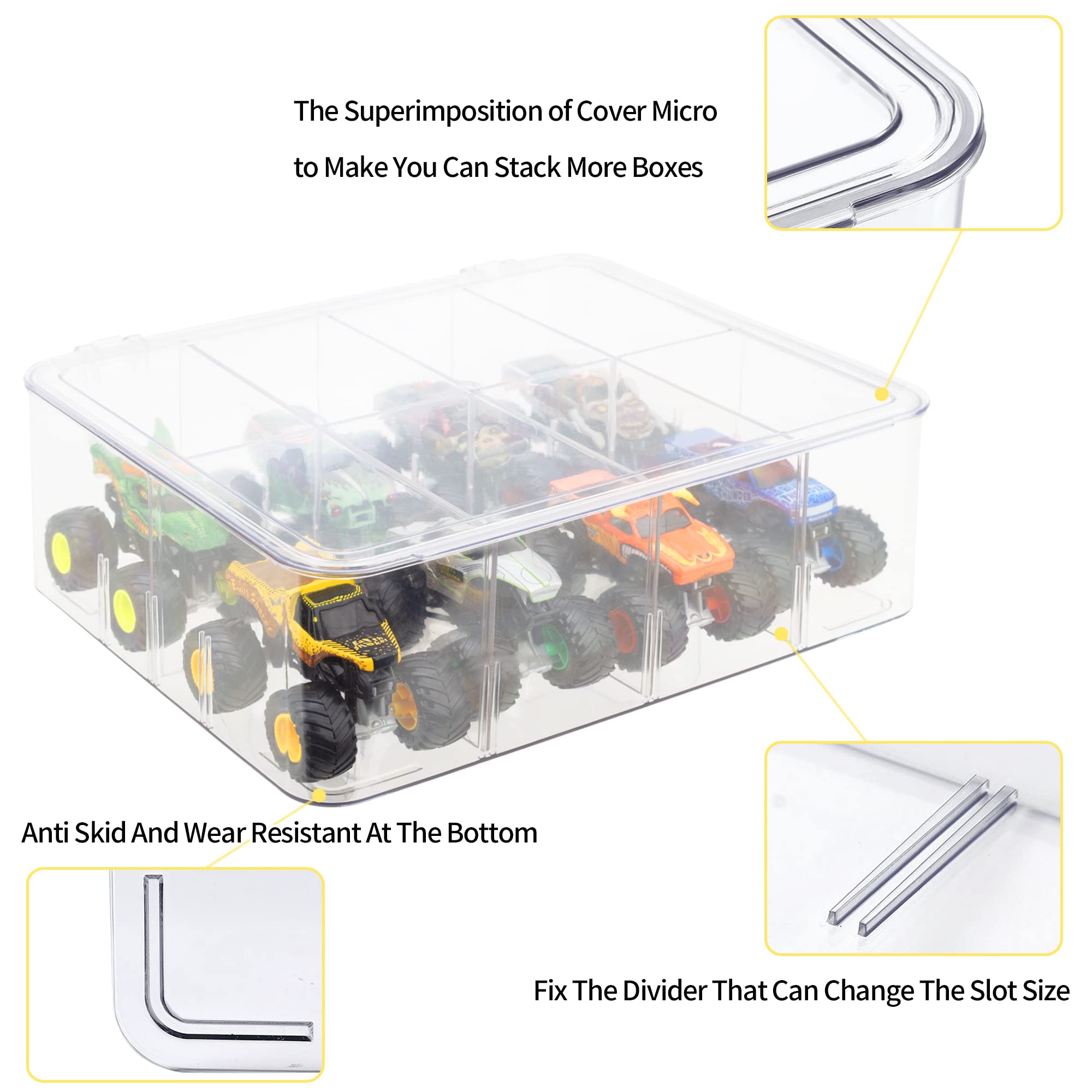 8 Slots Acrylic Toy Cars Display Case Fit for Monster Jam Trucks, Transparent Display Storage Case Holds 8 Monster Jam Truncks, Large Slots Toy Trucks Storage with Detachable Dividers