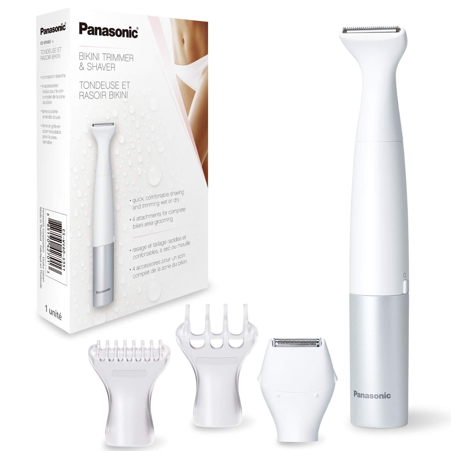 Panasonic Bikini Trimmer and Shaver for Women with 4 Attachments for Gentle Grooming in Sensitive Areas, Wet/Dry, Battery-Operated – ES-WV60-S (White/Silver) (Pack of 10)