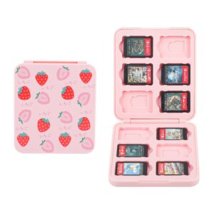 fundiary pink strawberry card case for nintendo switch and switch oled games, cute magnetic card cartridge for 12 game card and 12 sd card, hard storage case with 12 game card slots