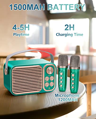 JIEFOCH Karaoke Machine for Kids & Adults, Portable Mini System with 2 Wireless Microphones & Bluetooth Connectivity,Sing Your Heart Out (Retro Green)