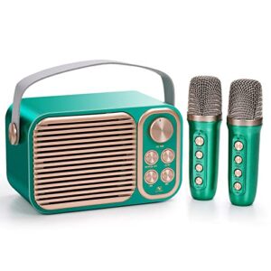 jiefoch karaoke machine for kids & adults, portable mini system with 2 wireless microphones & bluetooth connectivity,sing your heart out (retro green)