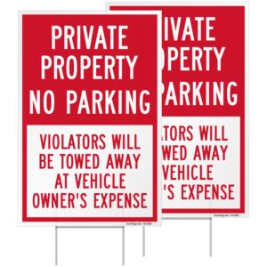 smartsign 12" x 18" (2-pack) private property no parking violators towed yard sign with 15" metal h-stake, double sided, large 160 mil thick corrugated plastic lawn signs, water resistant, usa-made