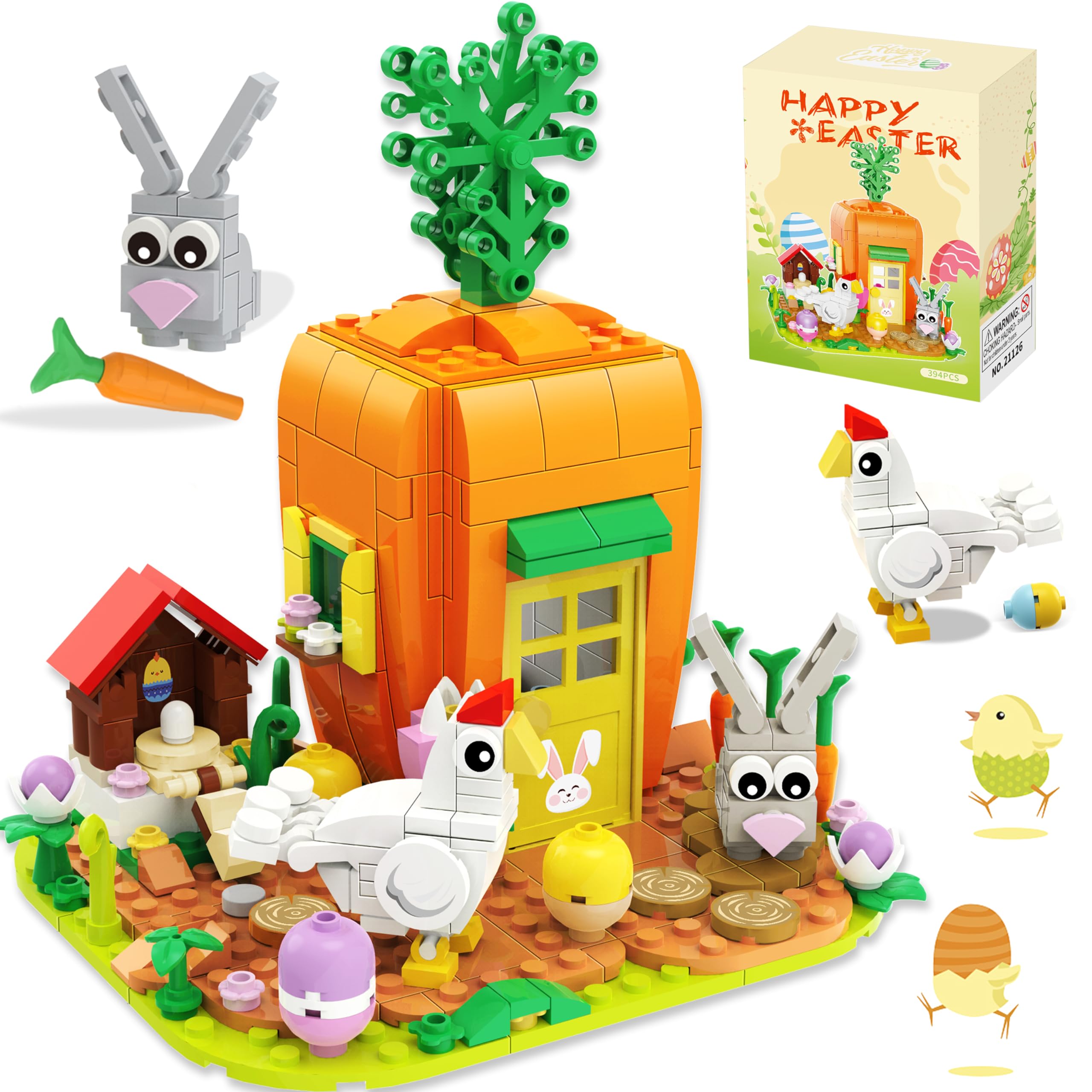 Bestbase Easter Bunny Carrot House Building Blocks Kit - 394 Pcs Easter Toys Easter Eggs Toy Building Sets, Easter Gifts for Kids Easter Basket Stuffers Easter Egg Fillers for Boys/Girls Age 6+