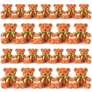 hungdao 24 pcs bear bulk plush stuffed animals 10 inch cute soft stuffed bear with green bow for baby shower birthday party gift (light brown)