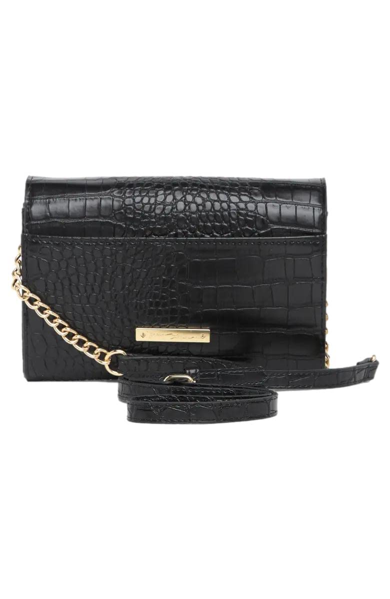 Betsey Johnson Crocodile Embossed Wallet Crossbody W/Chain Faux Pearl Crystal Rhinestone Gold Tone Heart Detail Handbag