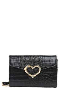 betsey johnson crocodile embossed wallet crossbody w/chain faux pearl crystal rhinestone gold tone heart detail handbag