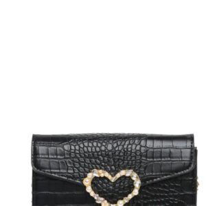 Betsey Johnson Crocodile Embossed Wallet Crossbody W/Chain Faux Pearl Crystal Rhinestone Gold Tone Heart Detail Handbag