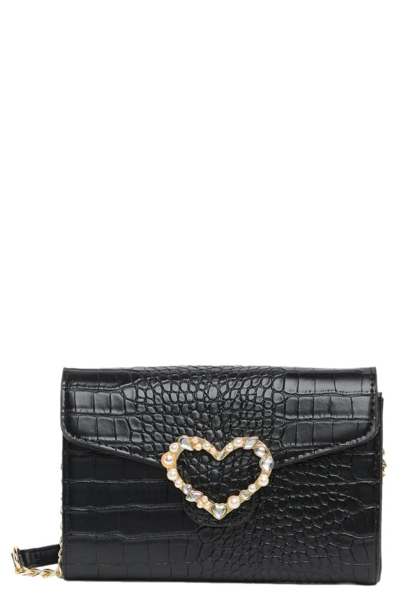 Betsey Johnson Crocodile Embossed Wallet Crossbody W/Chain Faux Pearl Crystal Rhinestone Gold Tone Heart Detail Handbag