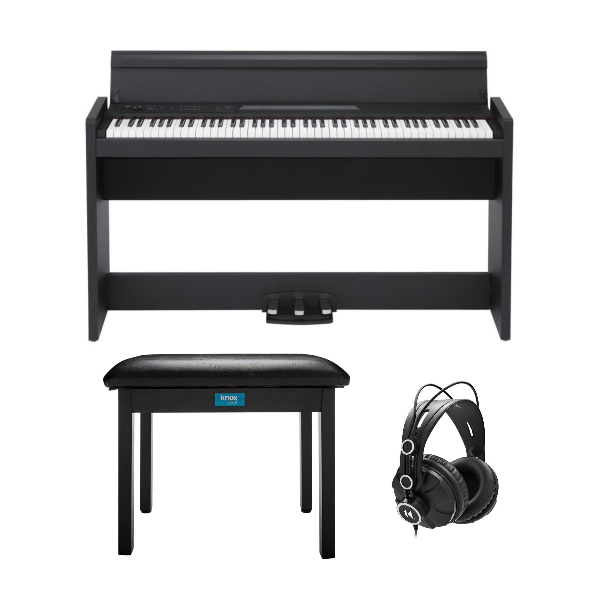 Korg LP-380 U 88-Key Digital Home Piano (Black) Bundle with Flip-Top Bench and Closed-Back Studio Headphones (3 Items)