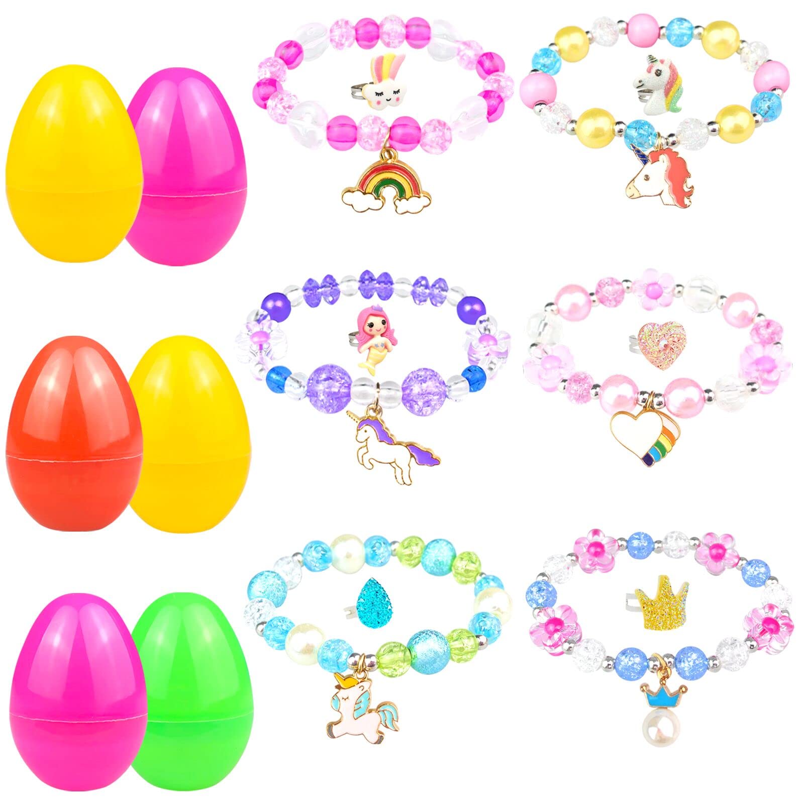 Easter Basket Stuffers for Girls Toddler Teens Prefilled Easter Eggs Fillers with 6 Pack of Beads Bracelet and Ring Inside Easter Gifts Filled Plastic Easter Eggs Stuffers Kids Easter Toys