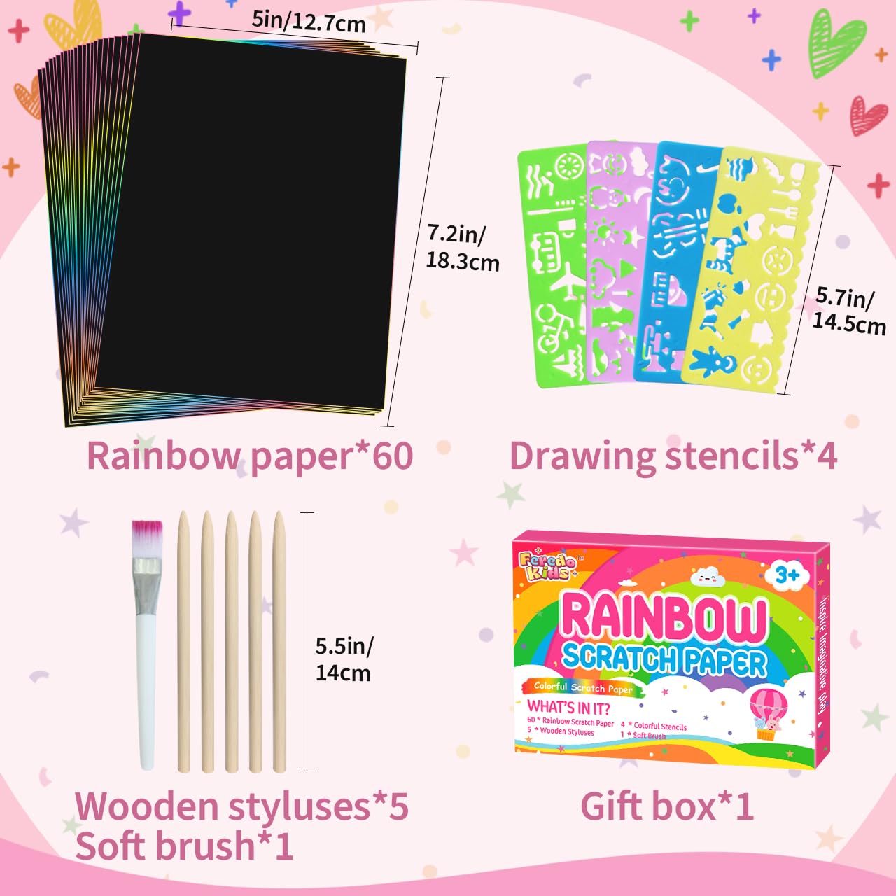 FEREDO KIDS Scratch Paper Gifts for Kids Set: 70Pcs Rainbow Scratch Art for Kids Arts and Crafts Kit for Girl Boy Crafts for Kids Ages 4-8 Birthday Halloween Christmas Party Gift Kids Activities