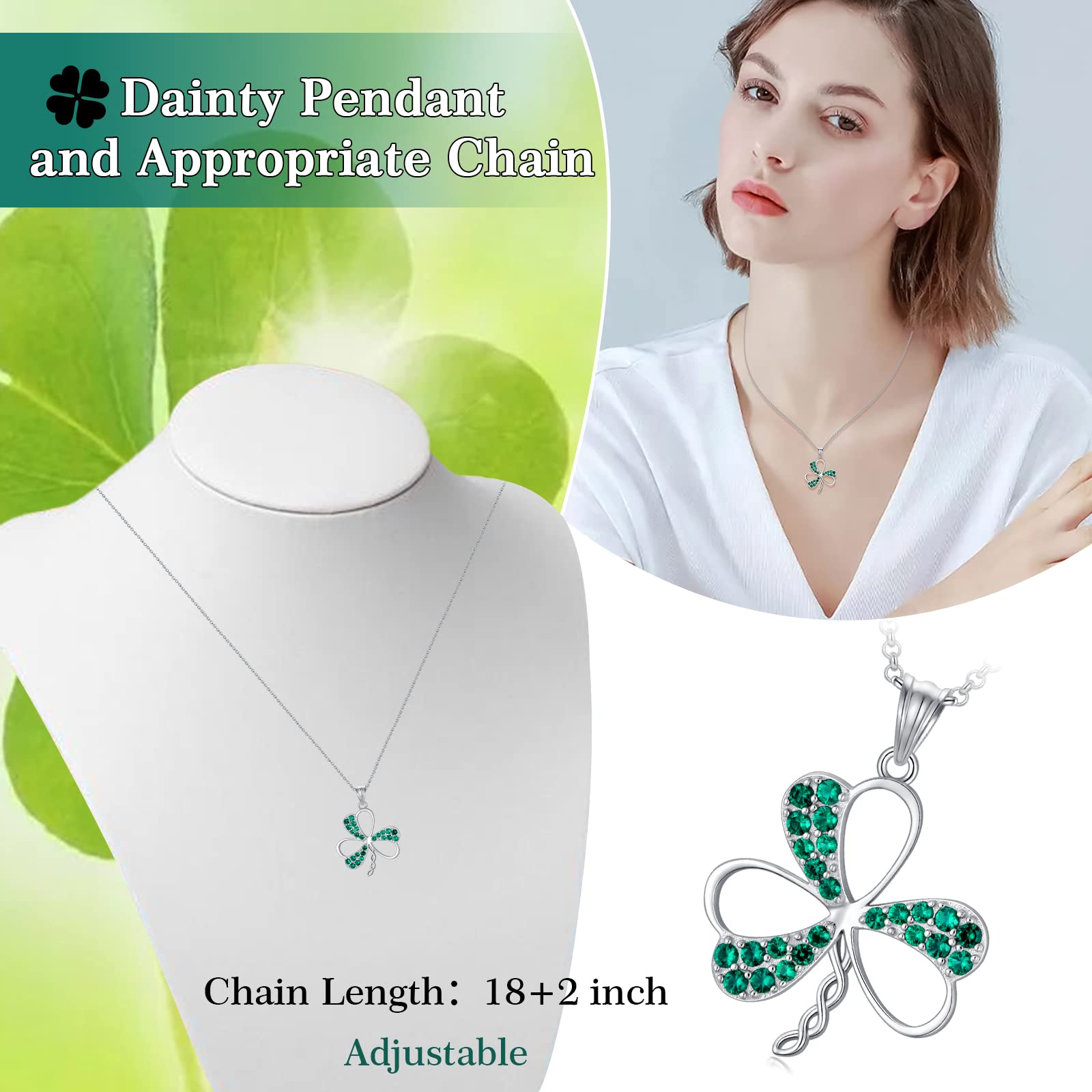 Clover Necklace 925 Sterling Silver Green Leaf Clover Necklaces St Patrick’s Day Pendant Shamrock Charm Gift for Women Daughter