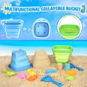 FHOZGECY Beach Toys, 31Pcs Sand Toys, Sandbox Toys with 2 Truck 2 Collapsible Sand Bucket, Shovel Set, Sand Castle Kit, Animal Dinosaur Molds etc. Mesh Bag, Travel Toys for Kids Toddlers Boys Girls