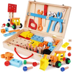 wooden kids tool set,tool kit for kid with wooden tool box,educational diy construction stem toy,preschool learning toy gifts for toddlers boys girls age 3 4 5 and up (47 pieces)