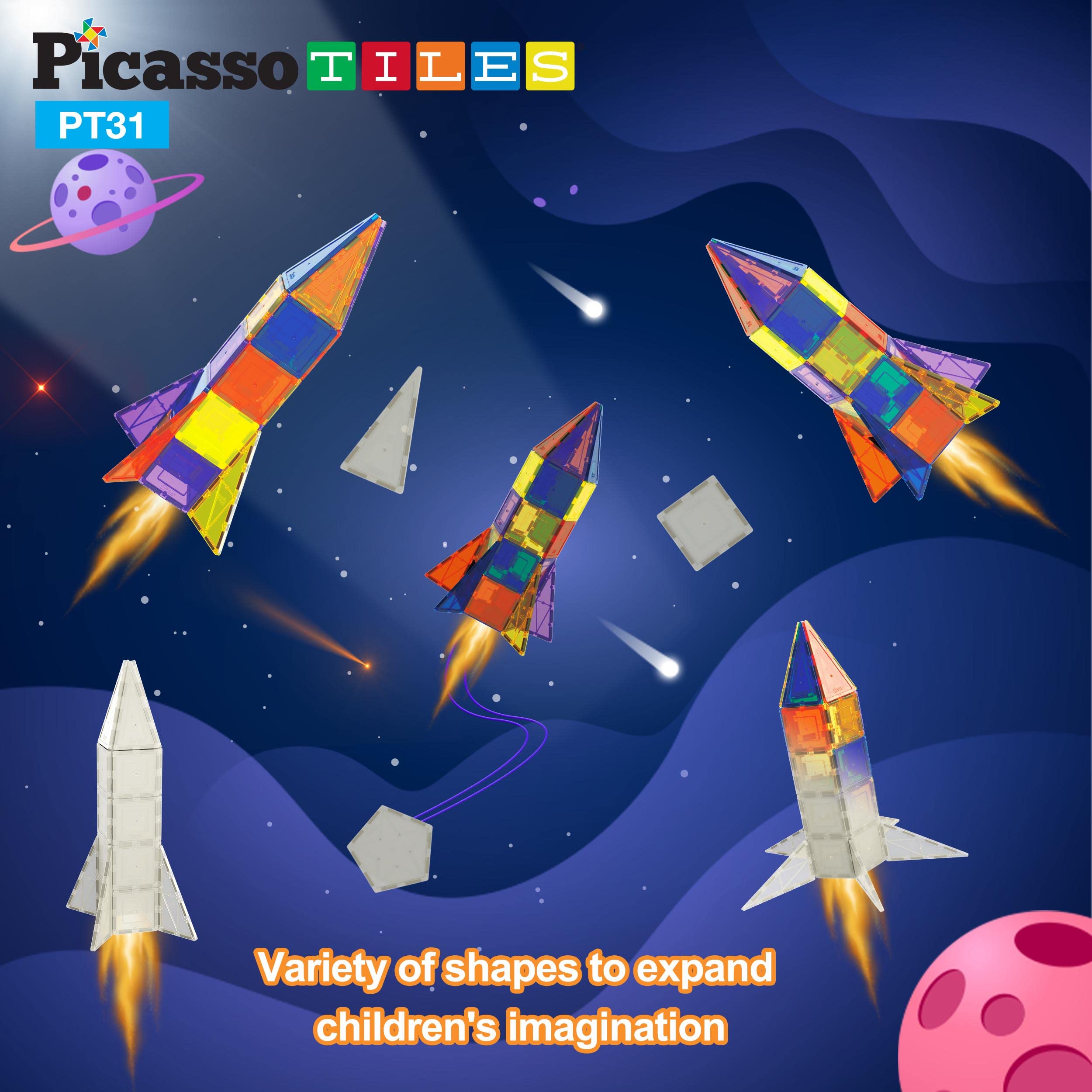 PicassoTiles UV Activated Color Changing Rocket Set Magnet Construction Toy Kit Engineering STEM Learning Playset Child Brain Development Stacking Blocks Playboard for All Ages 3 and Up PT31