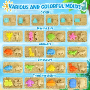 FHOZGECY Beach Toys, 31Pcs Sand Toys, Sandbox Toys with 2 Truck 2 Collapsible Sand Bucket, Shovel Set, Sand Castle Kit, Animal Dinosaur Molds etc. Mesh Bag, Travel Toys for Kids Toddlers Boys Girls