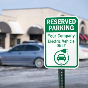 SmartSign Custom Electric Vehicle Reserved Parking Sign - 12 x 18 Inch, Add Company Name, 63 mil thick Laminated Aluminum, 3M Engineer Grade Reflective, Green and White, Made in USA