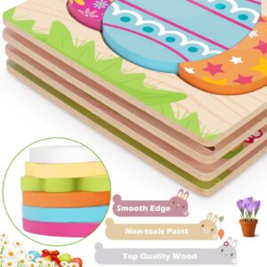 Easter Toys Gifts for Kids Toddlers - 4 Pack Wooden Puzzles with Rabbits, Carrots, Chicks, Eggs Design, Easter Party Favors for Boys Girls, Kids Classroom Exchange Gifts - Educational Preschool Toys