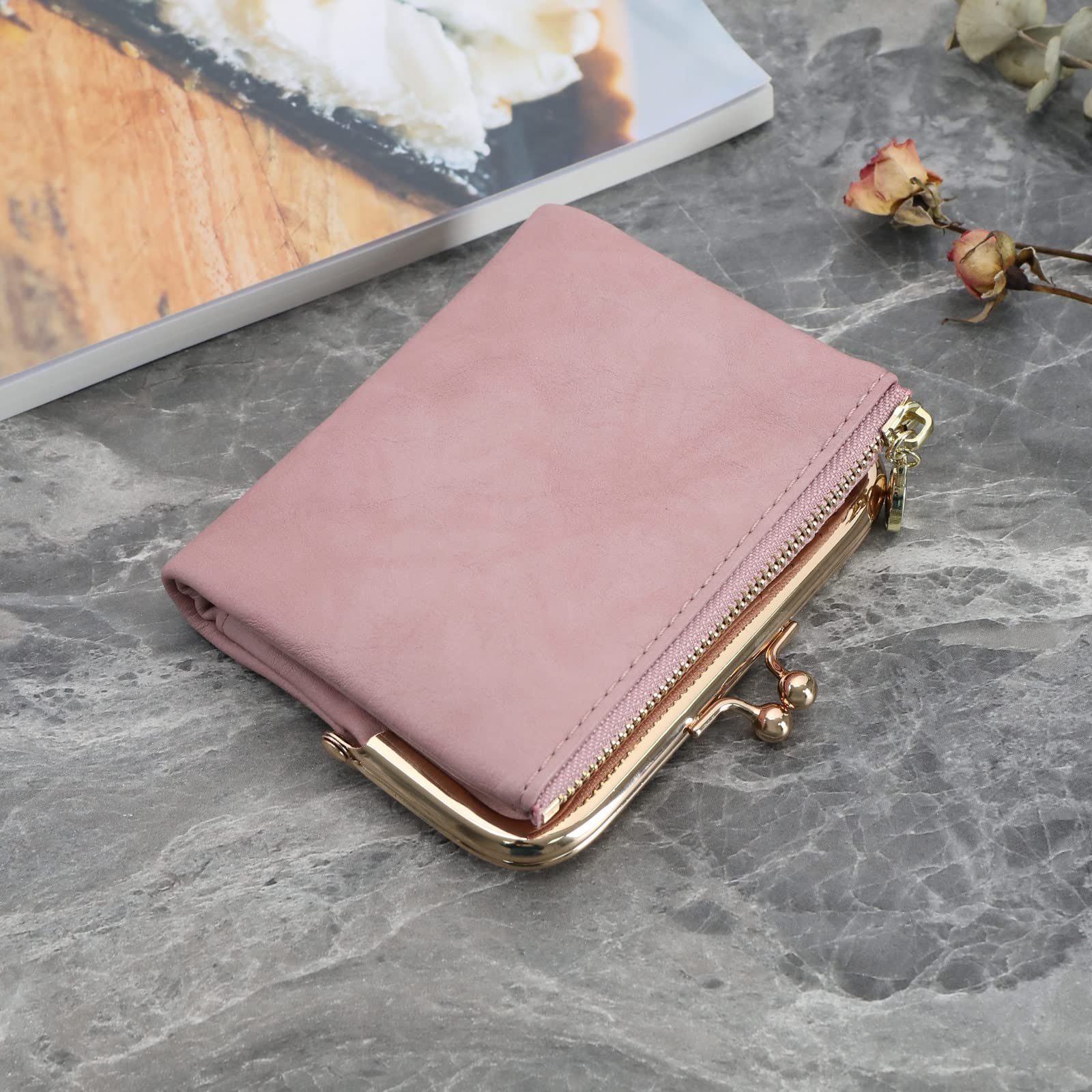 Micro Traders Women Wallet PU Leather Bifold Purse with Zipper and Kiss Lock Bank Card Storage Bag Vintage Small Compact Multifunctional Coin Pocket 12x10cm Pink