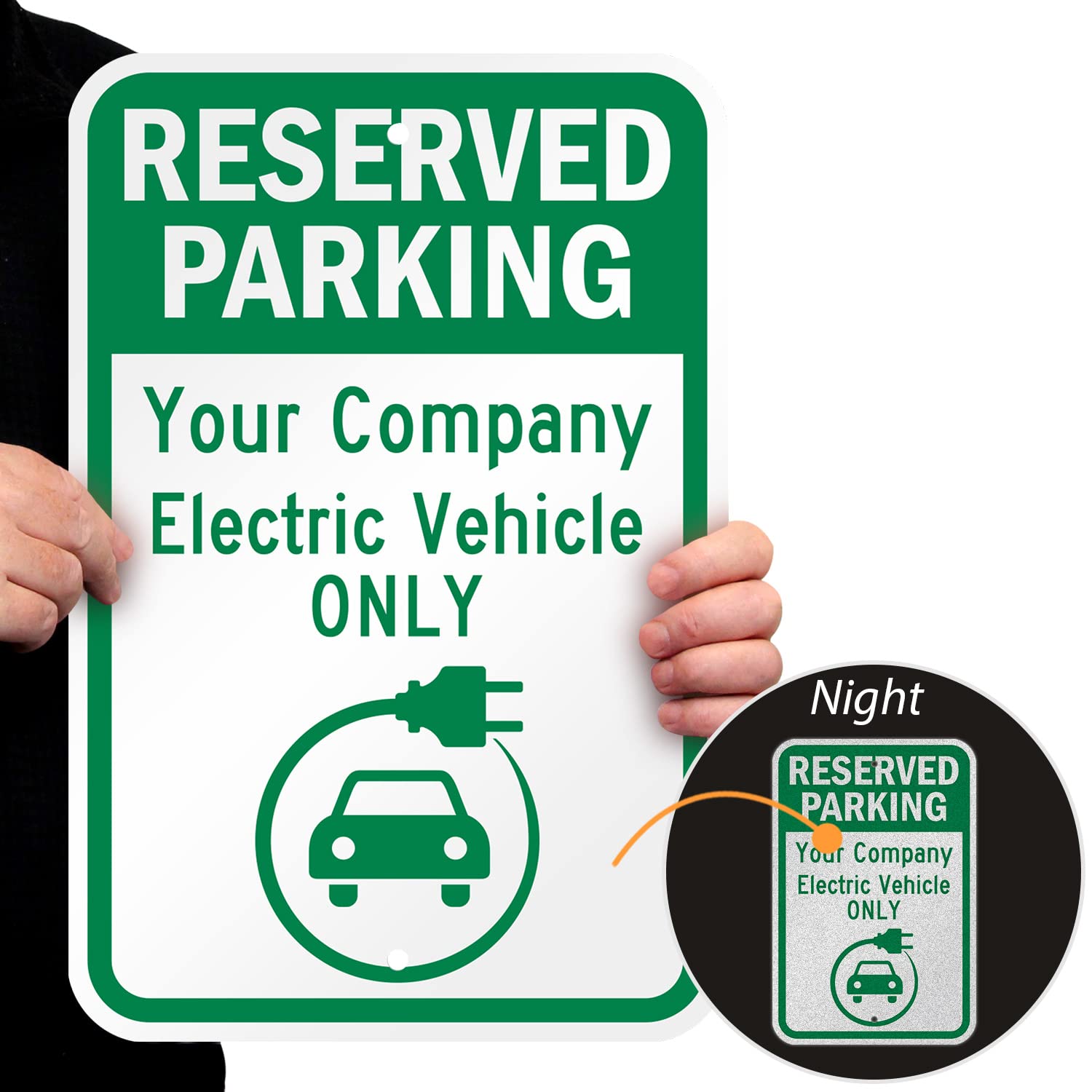 SmartSign Custom Electric Vehicle Reserved Parking Sign - 12 x 18 Inch, Add Company Name, 63 mil thick Laminated Aluminum, 3M Engineer Grade Reflective, Green and White, Made in USA