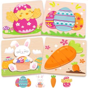 easter toys gifts for kids toddlers - 4 pack wooden puzzles with rabbits, carrots, chicks, eggs design, easter party favors for boys girls, kids classroom exchange gifts - educational preschool toys