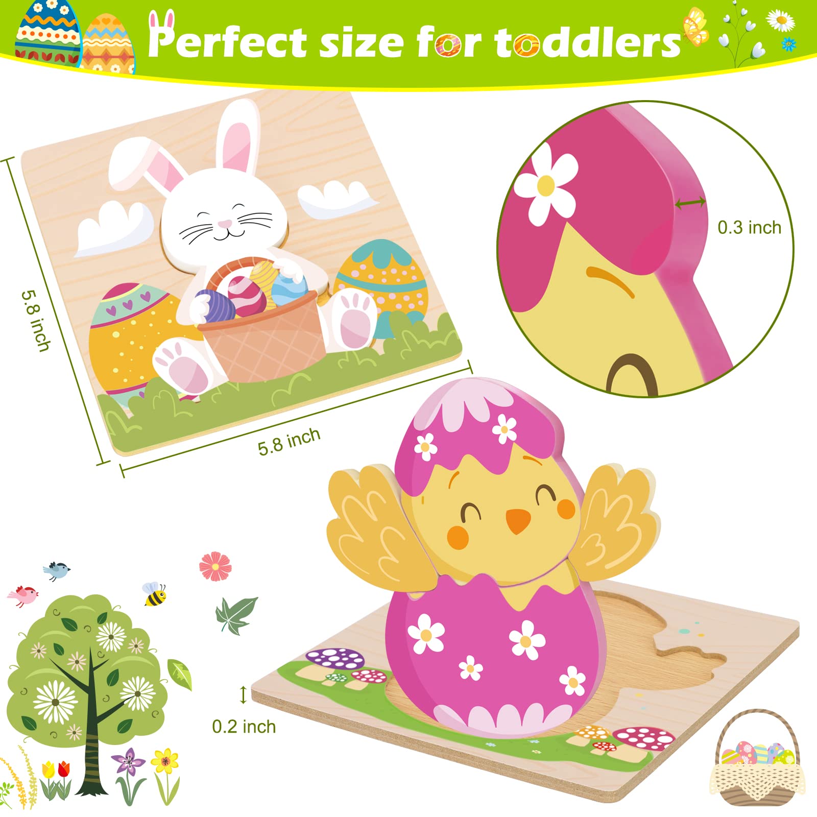 Easter Toys Gifts for Kids Toddlers - 4 Pack Wooden Puzzles with Rabbits, Carrots, Chicks, Eggs Design, Easter Party Favors for Boys Girls, Kids Classroom Exchange Gifts - Educational Preschool Toys