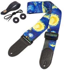 dulphee guitar strap, w/free 2 locks & 1 button, ultra comfortable shoulder straps for bass, electric & acoustic guitars (van gogh starry night)