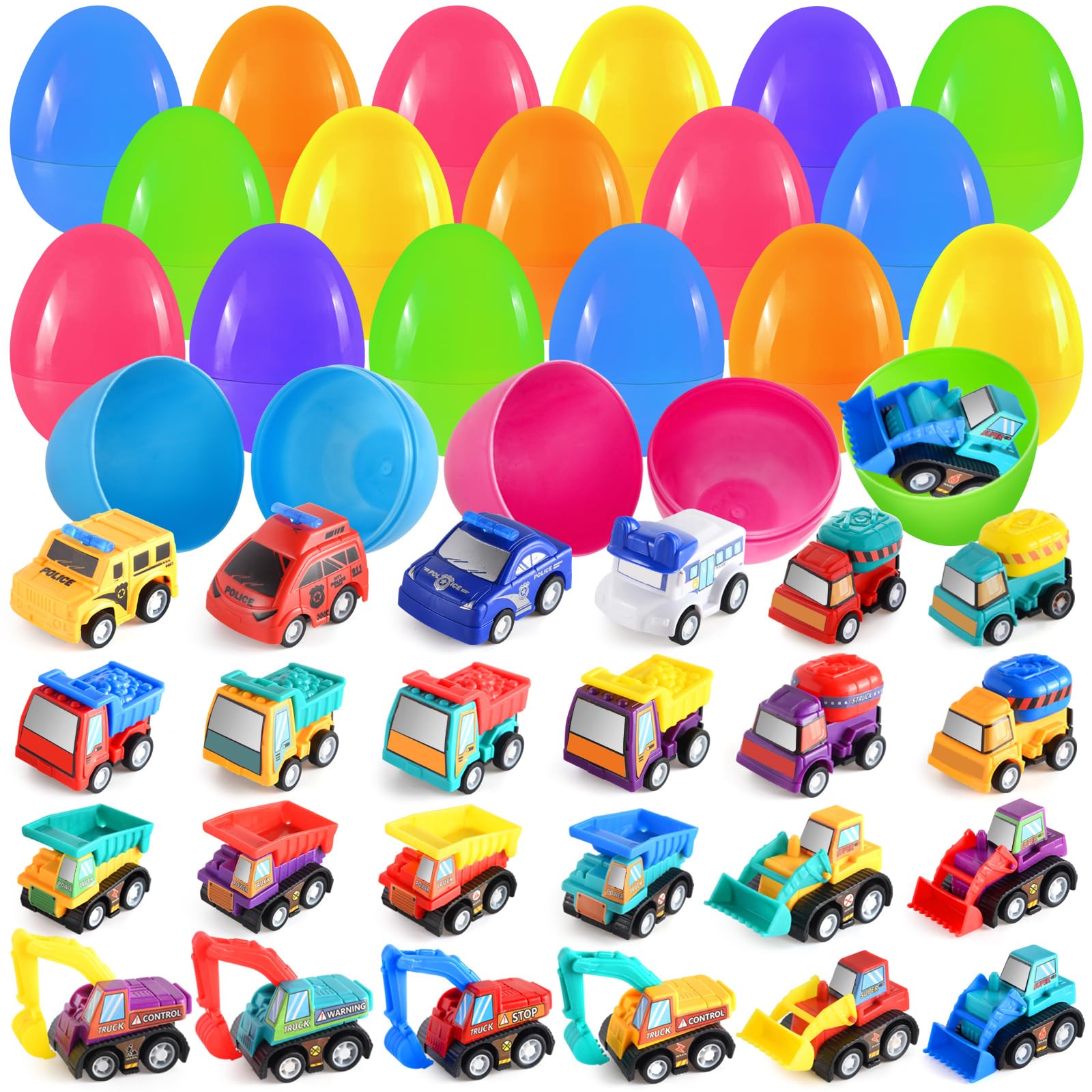 Duchong Prefilled Easter Eggs with Cars Toys for Easter Eggs Hunt, 24 Packs 2.8“ Plastic Eggs with Pull-Back Construction Vehicles, Easter Theme Party Favor, Easter Basket Stuffers for Boys Girls