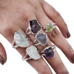 rough gemstone ring, amethyst moonstone labradorite garnet citrine turquoise tourmaline apatite aquamarine ruby emerald sapphire tanzanite herkimer diamond peridot lapis quartz, 925 silver womens ring