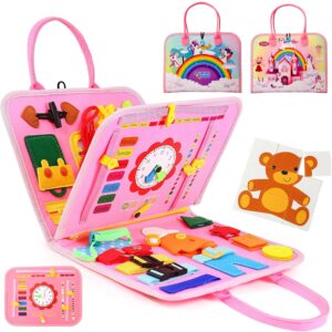 bouncing bobo toddler busy board for 1 year old + busy book for toddlers 1-3 with 25+ educational activities, airplane travel essentials for kids (pink)