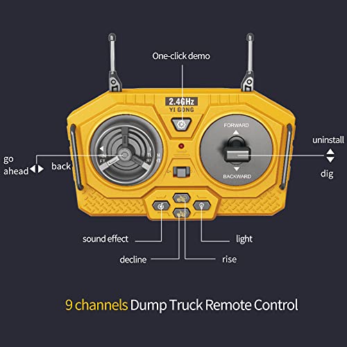 Remote Control Dump Truck Toys | 8.5" × 5.5" | Alloy Metal and Plastic 4WD Vehicle, 9 Channels Construction Vehicle for Kids Gifts and Adults, Model for Construction Lovers with Lights and Sounds