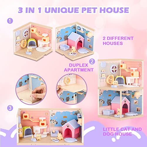 TQQFUN Cat and Dog Pretend Playset for Kids, 50Pcs Pet Figurines Toys, Toddlers Stem Building Pet Dollhouse Montessori Toy, Cat Condo for Boys and Girls