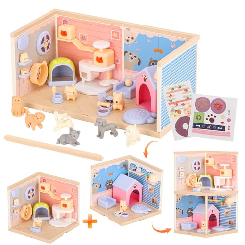 TQQFUN Cat and Dog Pretend Playset for Kids, 50Pcs Pet Figurines Toys, Toddlers Stem Building Pet Dollhouse Montessori Toy, Cat Condo for Boys and Girls