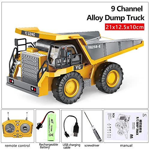 Remote Control Dump Truck Toys | 8.5" × 5.5" | Alloy Metal and Plastic 4WD Vehicle, 9 Channels Construction Vehicle for Kids Gifts and Adults, Model for Construction Lovers with Lights and Sounds