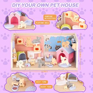 TQQFUN Cat and Dog Pretend Playset for Kids, 50Pcs Pet Figurines Toys, Toddlers Stem Building Pet Dollhouse Montessori Toy, Cat Condo for Boys and Girls