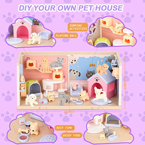 TQQFUN Cat and Dog Pretend Playset for Kids, 50Pcs Pet Figurines Toys, Toddlers Stem Building Pet Dollhouse Montessori Toy, Cat Condo for Boys and Girls