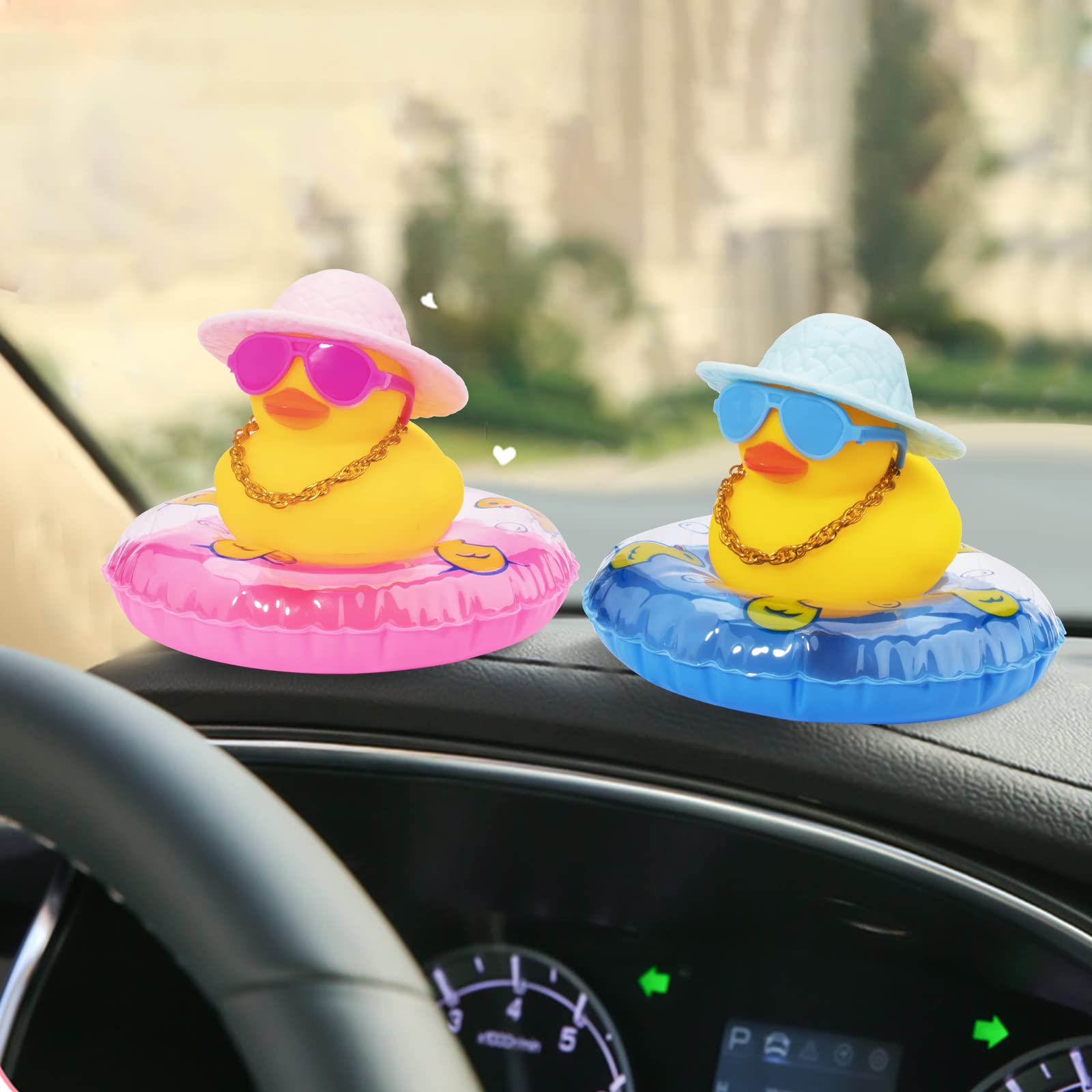 wonuu Car Rubber Duck Car Duck Decoration Dashboard Car Ornament for Car Dashboard Decoration Accessories with Mini Flower Hat Swim Ring Necklace and Sunglasses