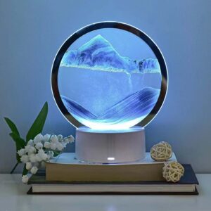 moving sand art picture with light, 3d kinetic art sand sandscape in motion display round glass flowing sand frame with colorful led, dynamic sand art liquid motion sand picture for home decor office