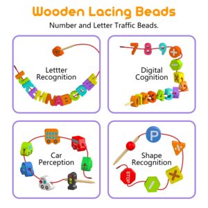 yowings Wooden Lacing Beads, Alphabet Number Stringing Beads Large Lacing Bead Animals Stringing Toy Montessori Toddler Preschool Toys for Toddlers Kid Birthday Gifts