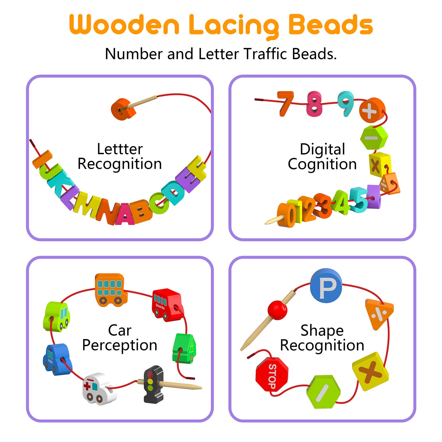 yowings Wooden Lacing Beads, Alphabet Number Stringing Beads Large Lacing Bead Animals Stringing Toy Montessori Toddler Preschool Toys for Toddlers Kid Birthday Gifts