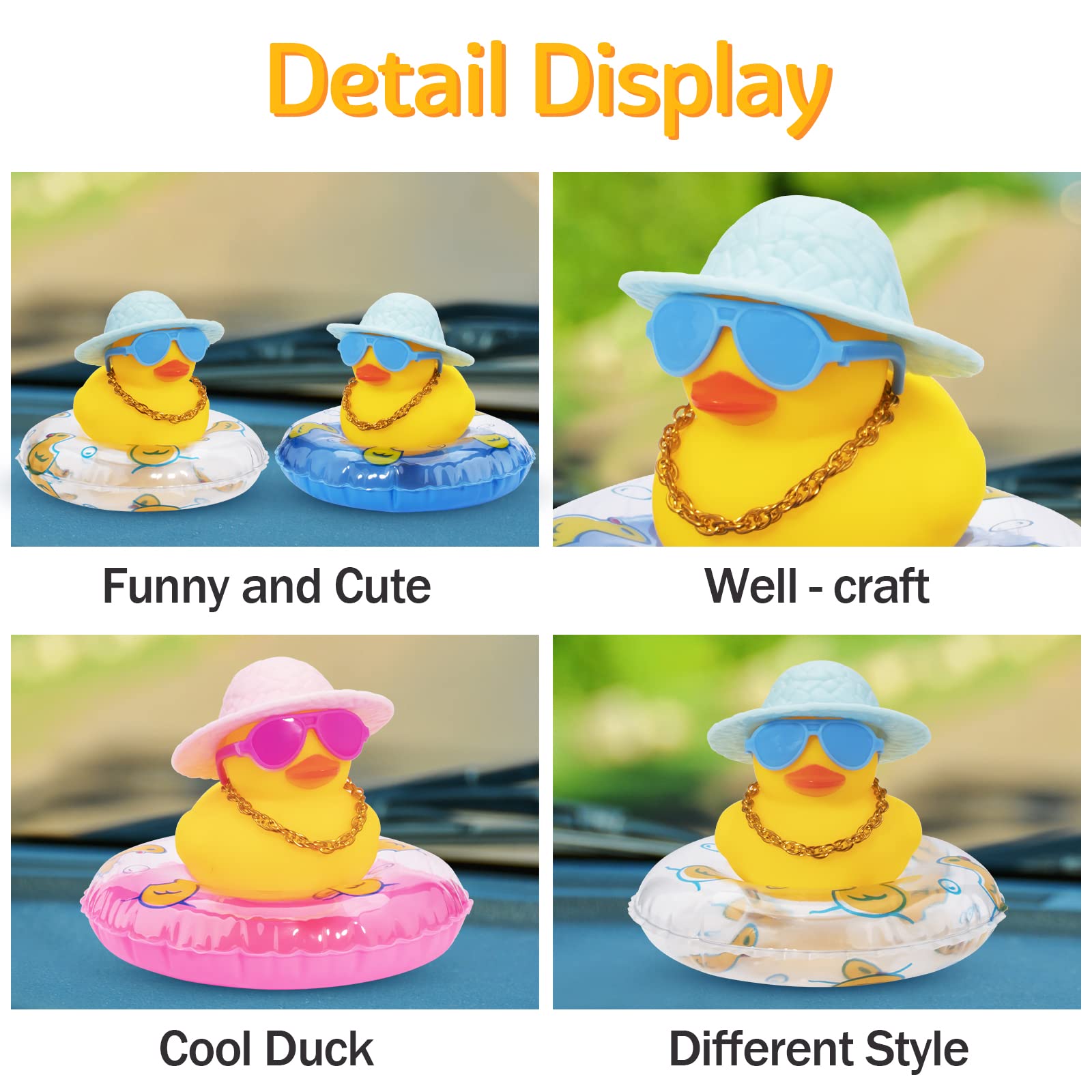 wonuu Car Rubber Duck Car Duck Decoration Dashboard Car Ornament for Car Dashboard Decoration Accessories with Mini Flower Hat Swim Ring Necklace and Sunglasses