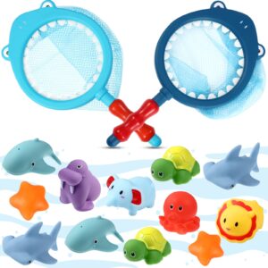 leitee 14 pcs bath toy discoloration water spraying floating animals shark fishing play set with fishing nets bathtub squirt toys for babies and kids (cute)