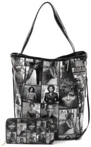 michelle obama magazine cover collage shoulder bag wallet set 2pcs set (black/white)