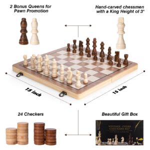 15inch Chess and Checkers Game Set - Chess Unique Gift for Kids and Adults. Durable Wooden Pieces, Sleek Wooden Board.Chess Introduces Strategy and Problem-Solving. Family Game Night Activity